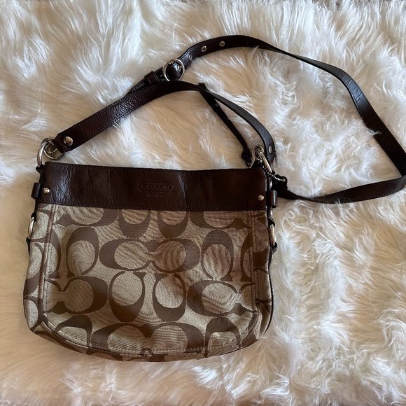 Coach | Bags | Coach Tanbrown Signature Canvas Shoulder Bag W Leather Trim | Poshmark
